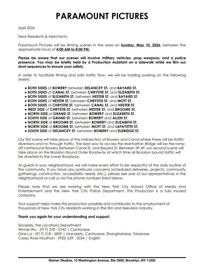 (ENG/CHI) COMMUNITY ADVISORY: Film Production Notice - Chinatown NYC